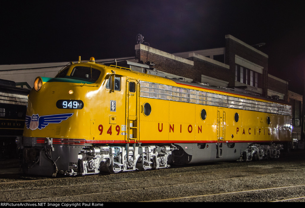 UP 949, EMD E9A, night display in front of the Bob Julian Roundhouse at the North Carolina ...